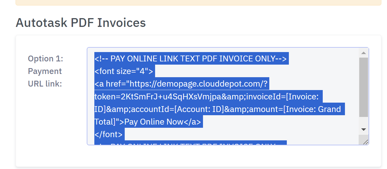 Autotask pay online button for PDF invoices and email templates